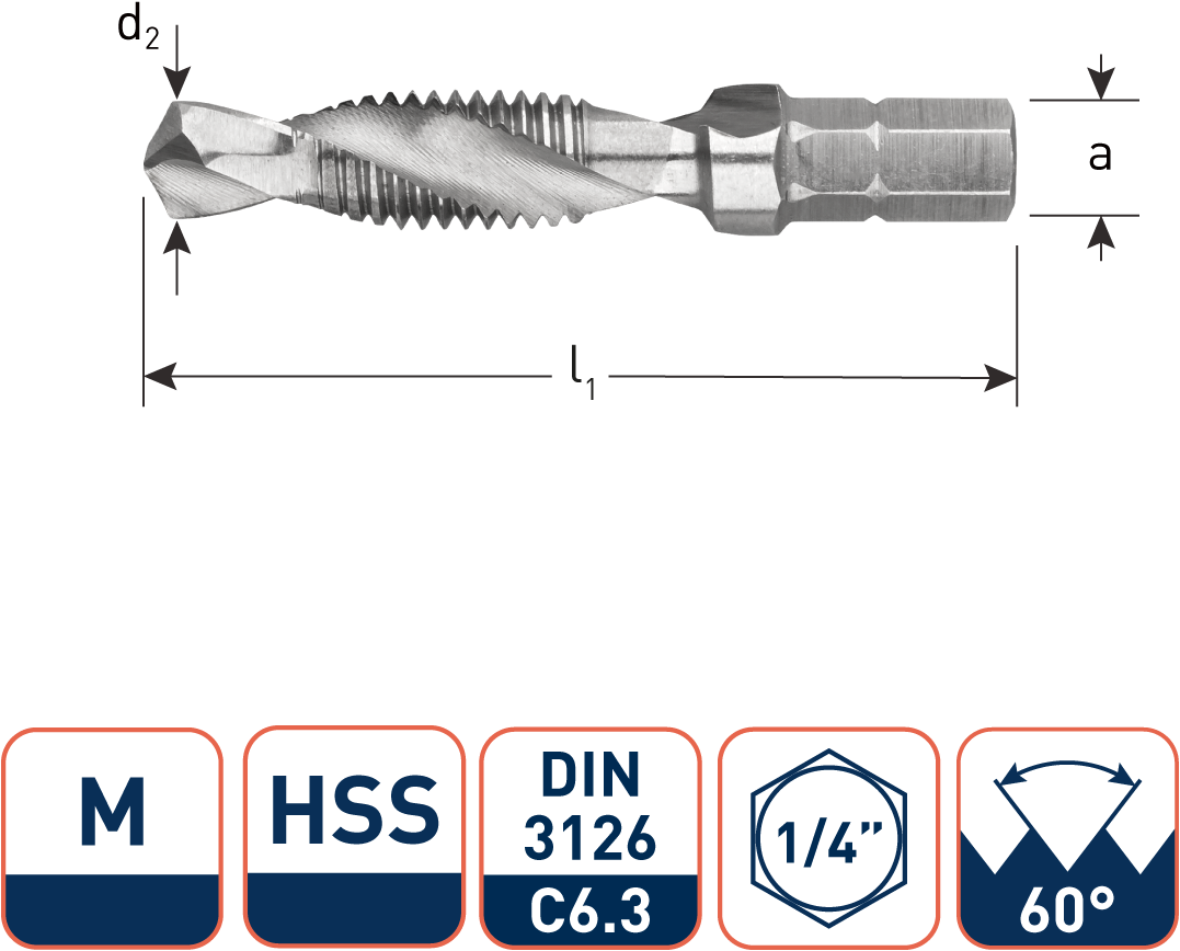 HSS-G Combi-boor/tap-bit 1/4''-C6.3, M6 (1 st.) | JRV Products
