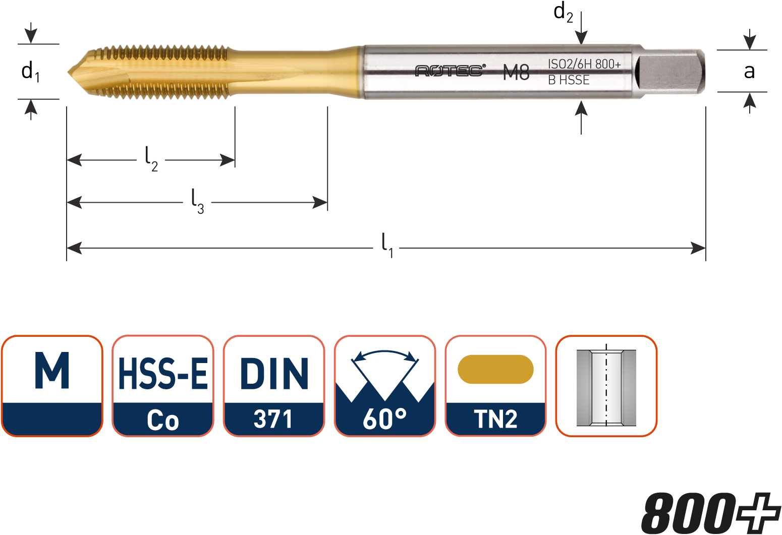 HSS-E Machinetap '800+', doorlopend, DIN 371, M3 (1 st.) | JRV Products